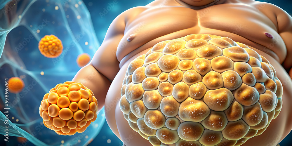 of fat cells in adipose tissue with liposuction and obesity concept ...