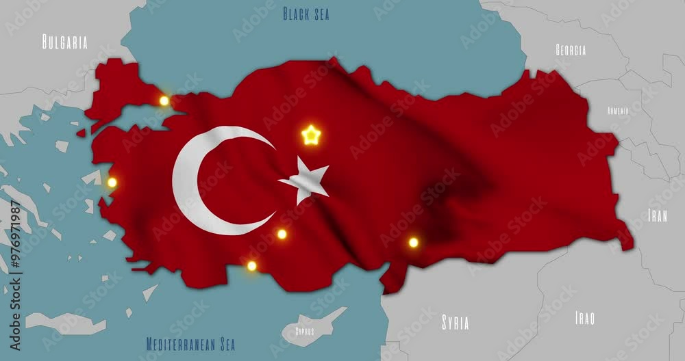 Map of Turkey in the colors of national flag. The capital and major ...