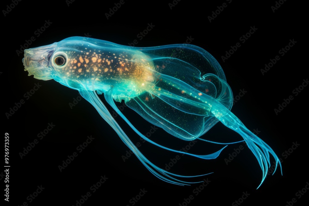Bioluminescent squid glowing in the deep sea, capturing the mystery of bioluminescent animals ...