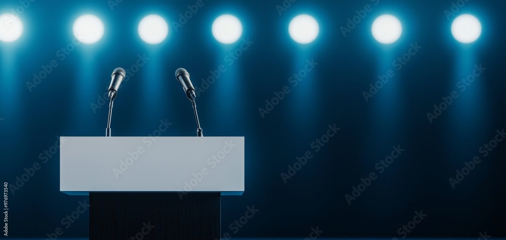 Modern press conference setup with live streaming cameras, bright stage ...