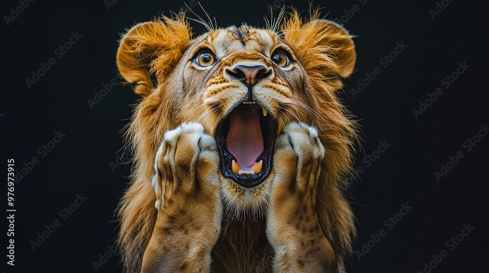 A surprised lion with its mouth wide open, placing both front paws on ...