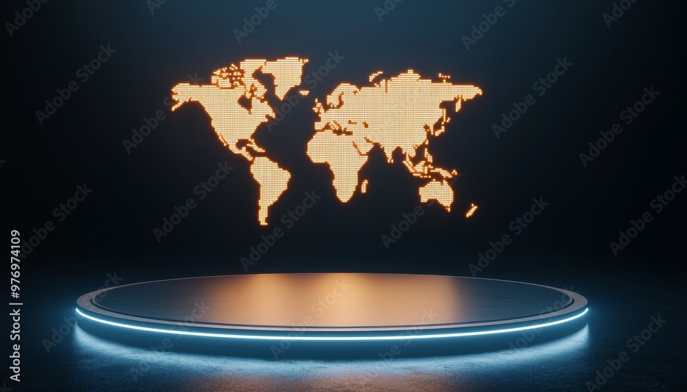 ภาพประกอบสต็อก Sleek TV broadcast studio with a glowing world map ...