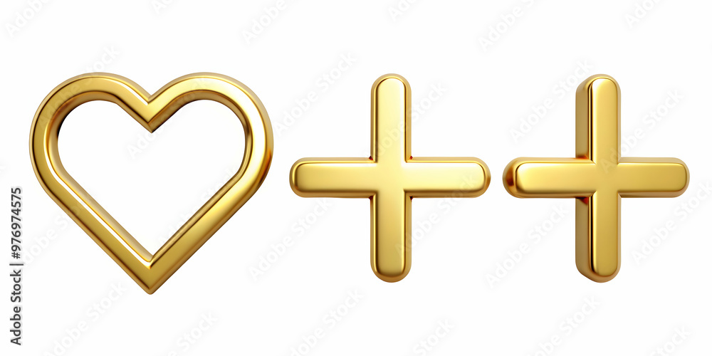 Golden signs and symbols on white background, including plus sign ...