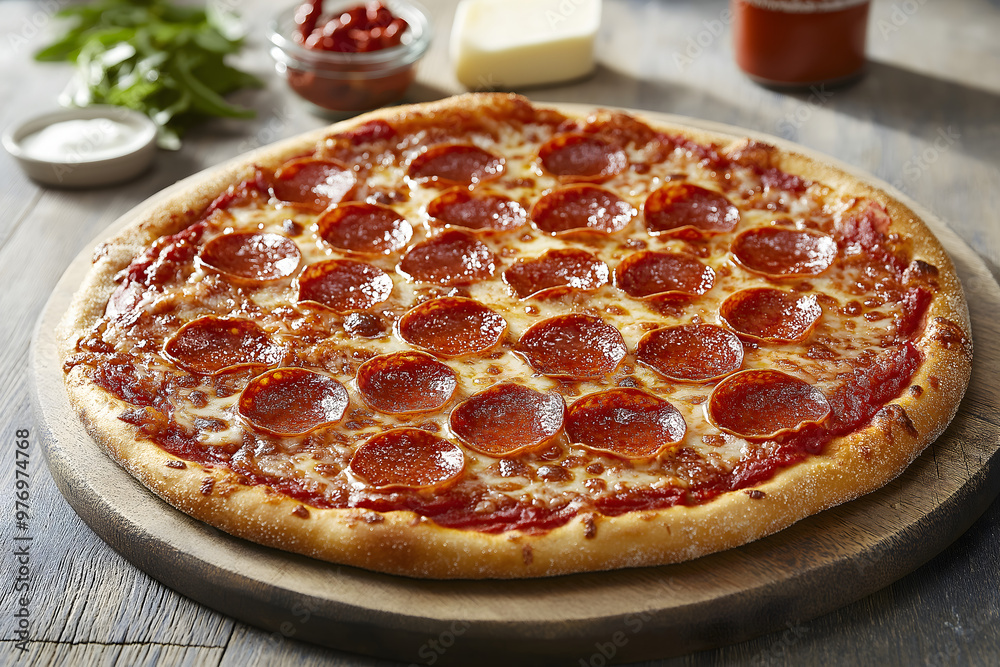 This ideal pepperoni pizza features a perfectly crisp crust with a rich ...