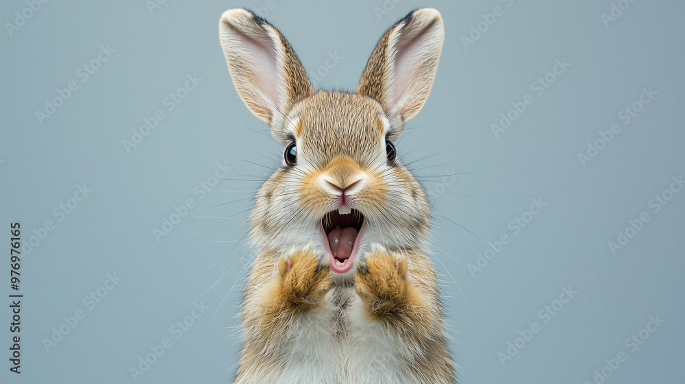 A surprised rabbit with its mouth wide open, placing both front paws on ...