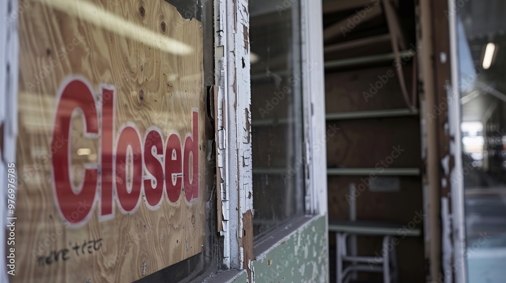 A boarded-up storefront displaying a prominent "Closed" sign, with ...