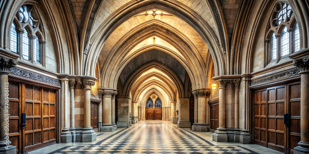 Victorian architecture of the Royal Courts of Justice with arched ...