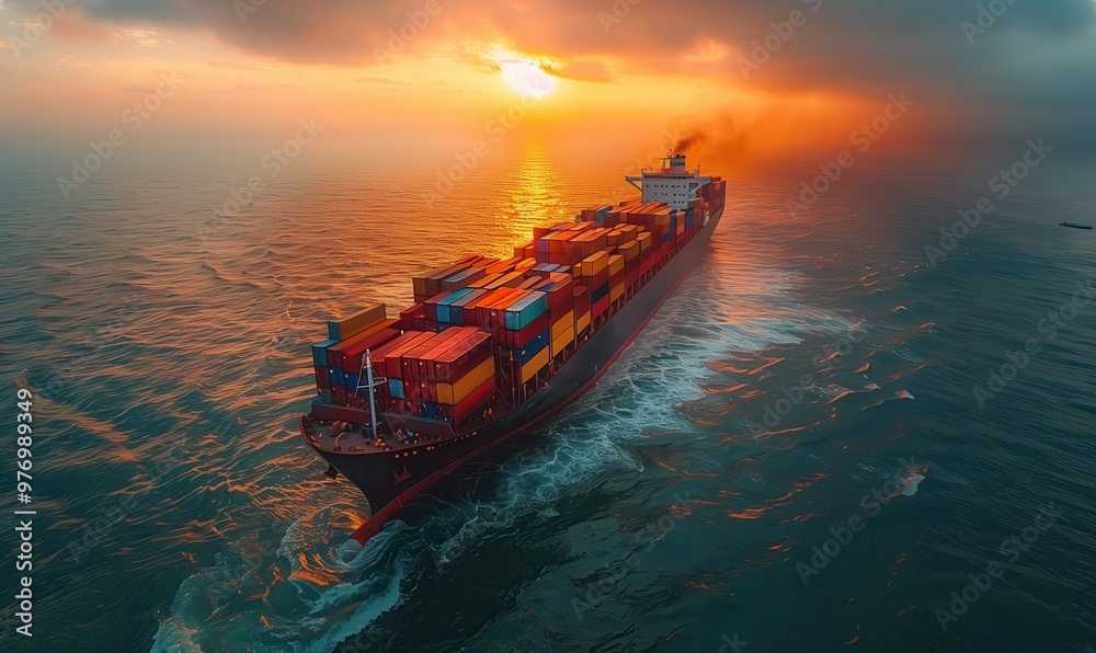 Container Ship Sailing at Sunset. Container ship sails through the open ...