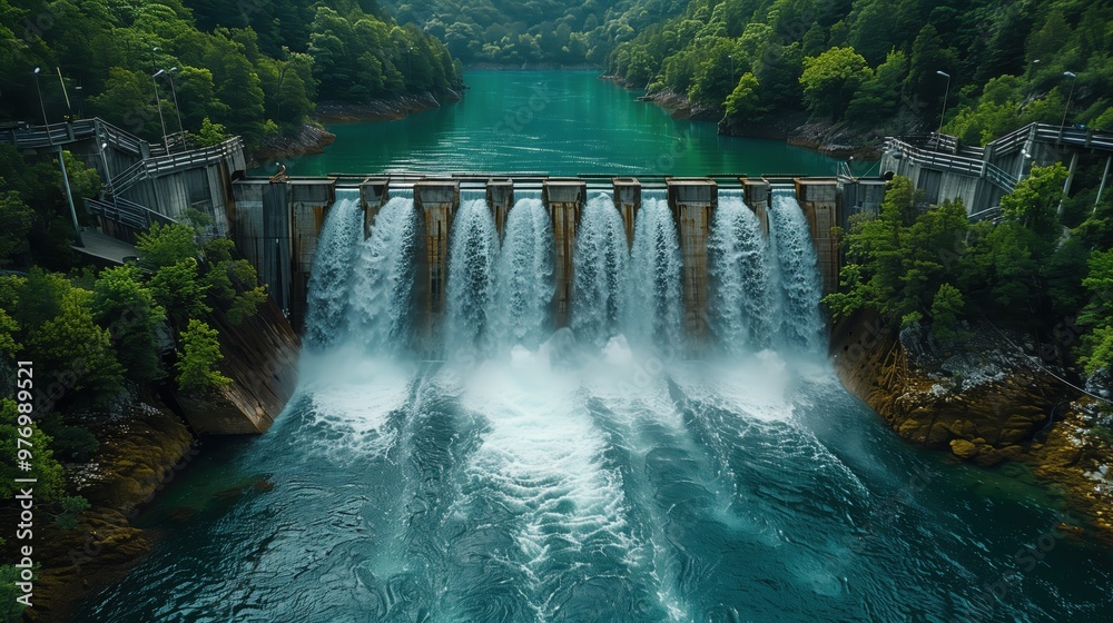 Dam with Water Flowing Through Spillways. Powerful dam releases water ...