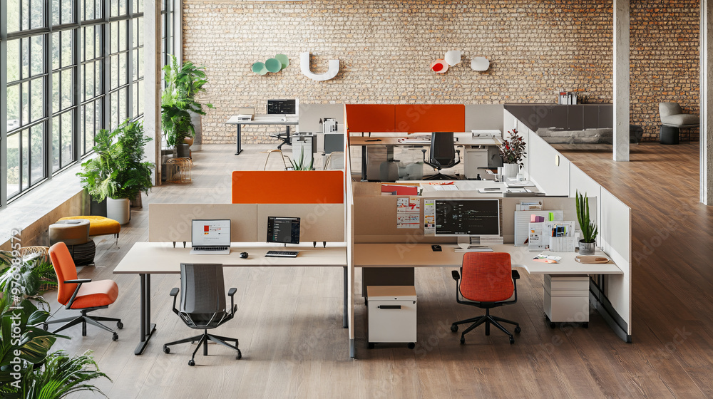A flexible office area with movable partitions, modular desks, and ...