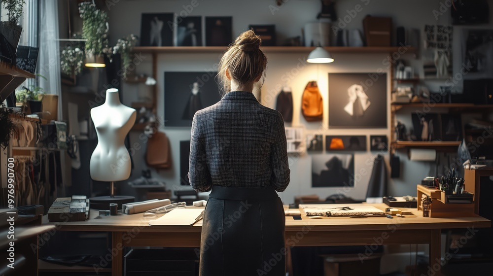 Designer working in creative fashion studio. Female fashion designer ...