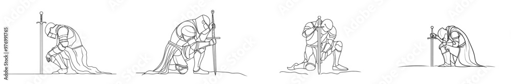 An illustration of a medieval warrior pledging allegiance on his knees ...