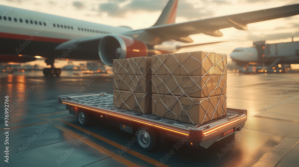 Cargo boxes on tarmac ready for loading onto plane. Several cardboard ...