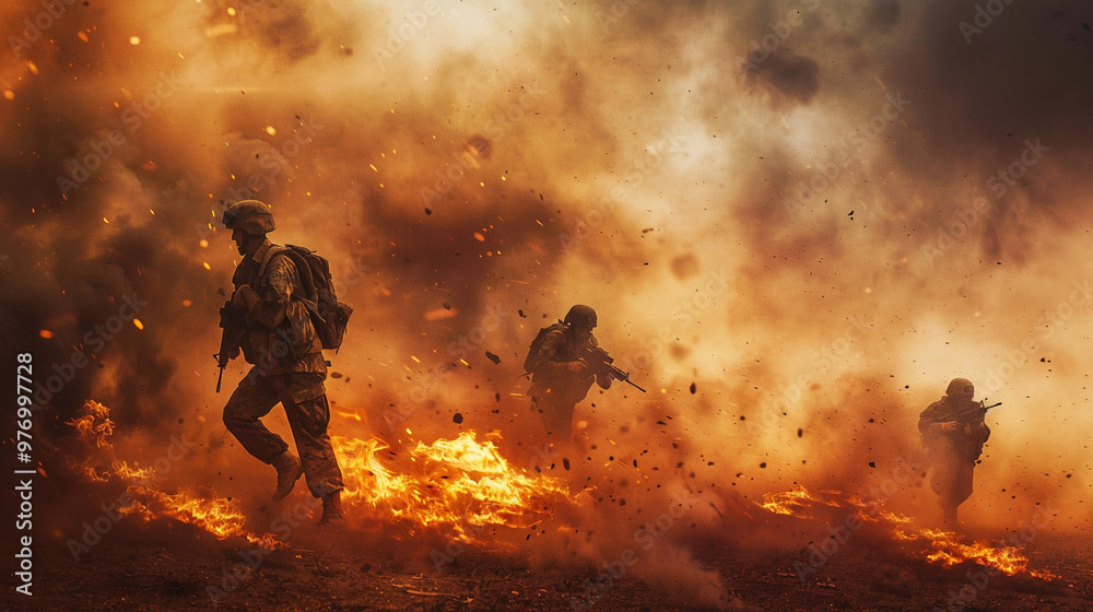 Military special forces soldiers crosses destroyed warzone through fire ...