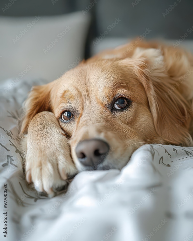 Embarrassed dog hiding its face with a paw, lying on the bed, funny ...