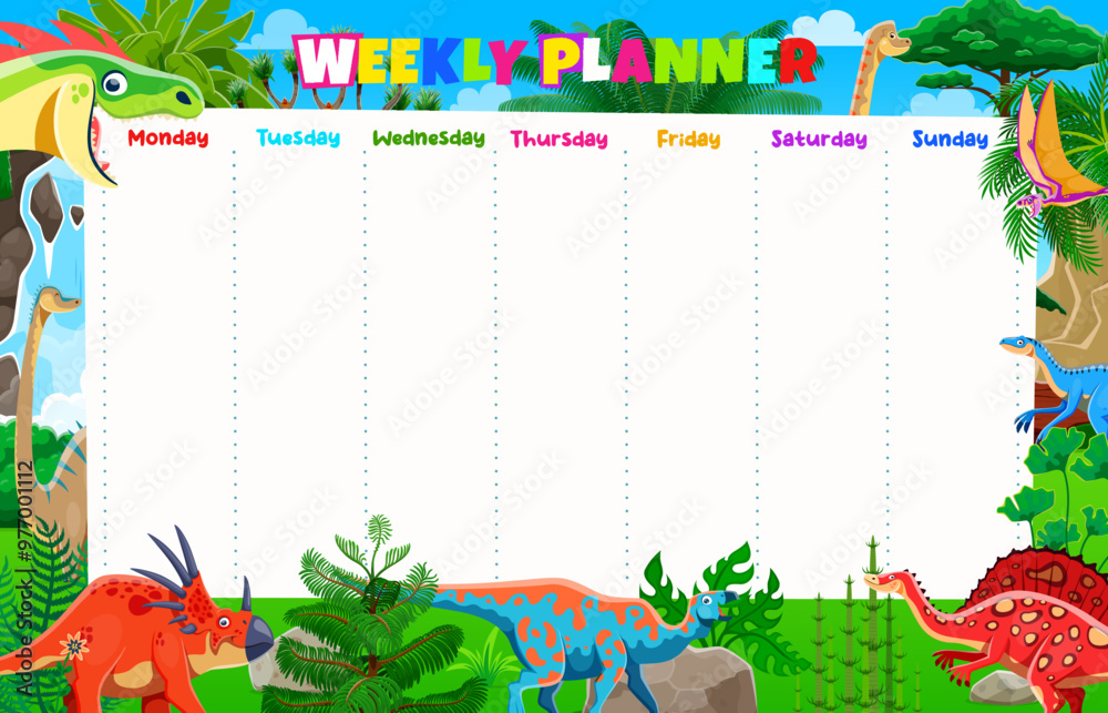 Weekly planner timetable schedule with funny dinosaur characters in ...