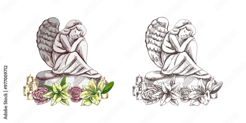 Hand drawn sad stone angel sitting with his head on his knees. Marble ...