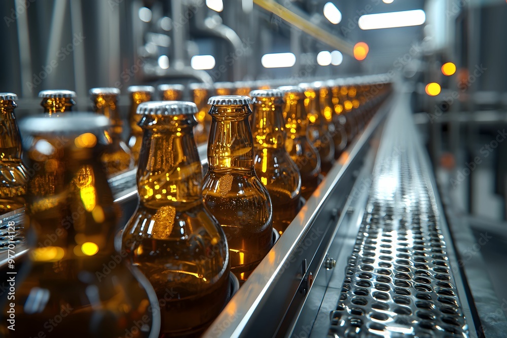 Bottling process of amber beverages in a modern factory setting Stock ...