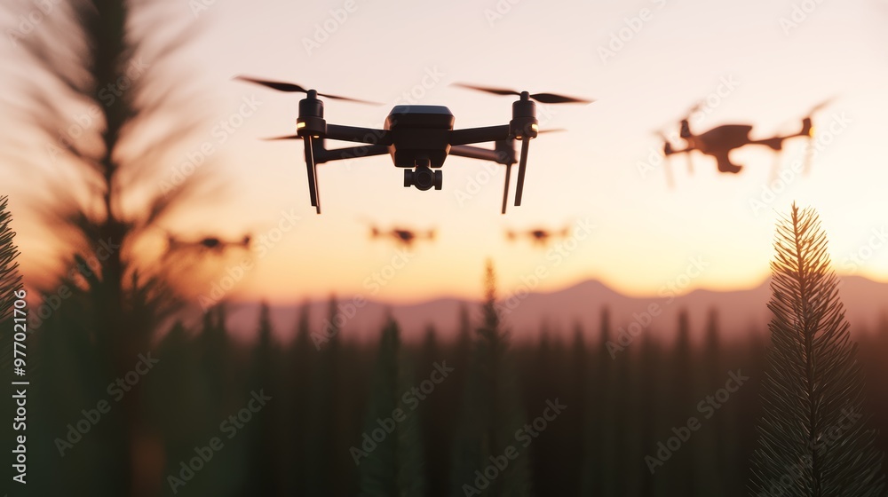 A swarm of autonomous drones planting trees in a reforestation project ... A swarm of autonomous drones planting trees in a reforestation project ...