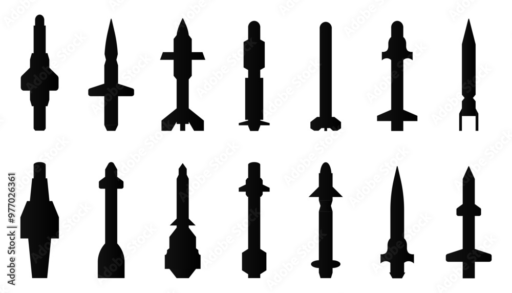 Black missile icon collection. Combat rocket weapons. Set of weapon and ...