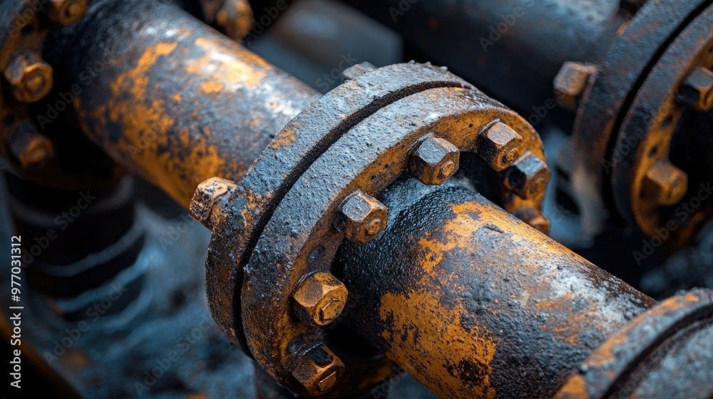 A close-up of oil field pipes with pressure valves, highlighting the ...
