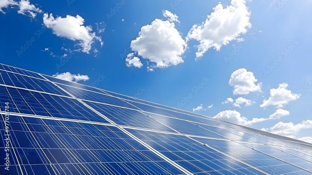 Solar panel under a bright blue sky with fluffy clouds. A perfect ...
