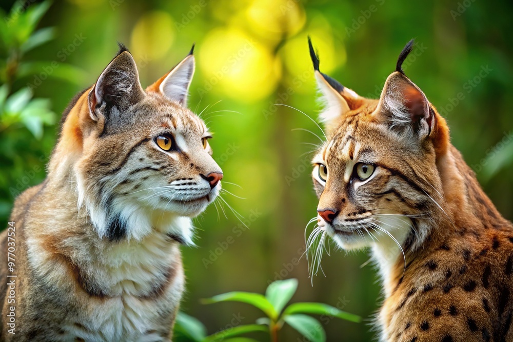 In their natural habitats, a domestic cat and secretive wild lynx lock ...