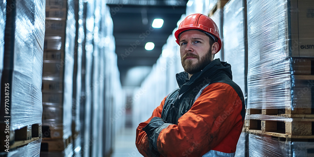 Man inside a cold storage warehouse. Worker in an industrial freezer ...