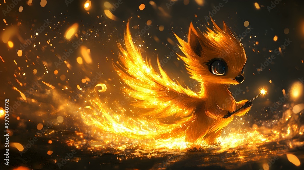 Fiery Sprite, a magical creature with glowing fur and sparkling eyes ...