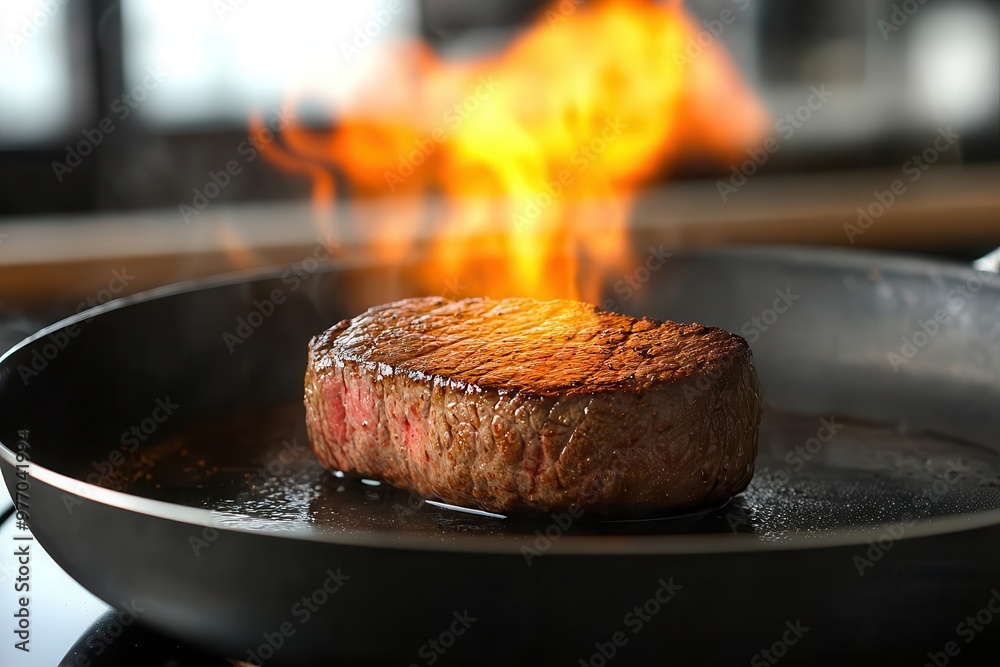 Close-up of a steak achieving perfect browning in a hot pan ...