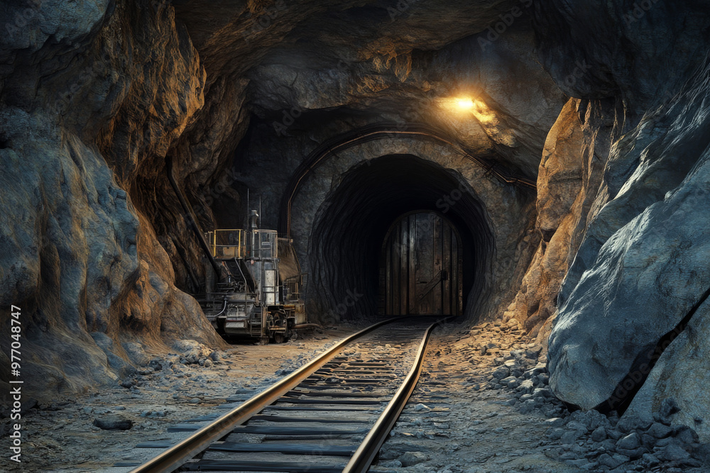 Underground coal mining tunnel with equipment. Narrow gauge railroad ...