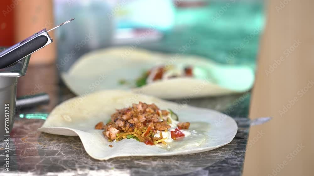 Grilled meat with spices. Process of preparing fast food. Preparation ...