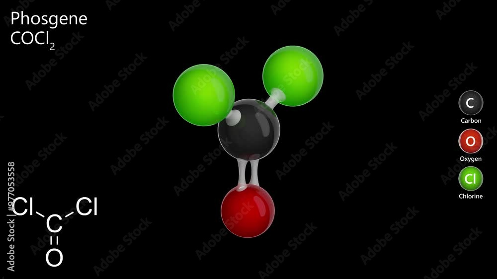 The video shows the 3d model of the phosgene molecule (CCl2O). Phosgene ...