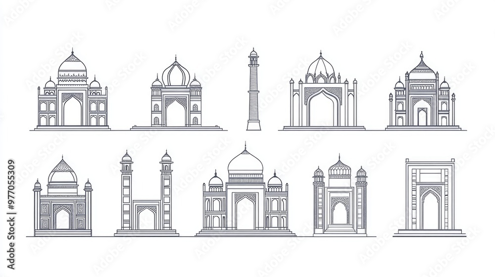 Line art illustration set featuring iconic historical landmarks ...