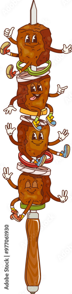 Cartoon kebab retro groovy barbeque character. Isolated vector playful ...