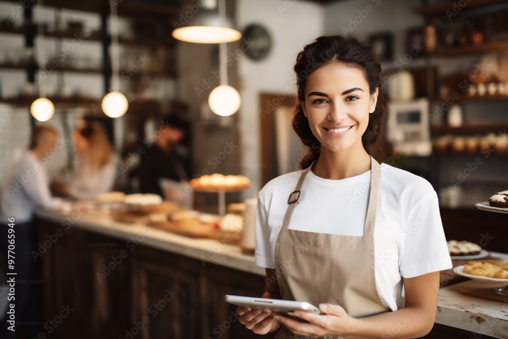 Young barista in apron holding notepad preparing to open for sale and ...