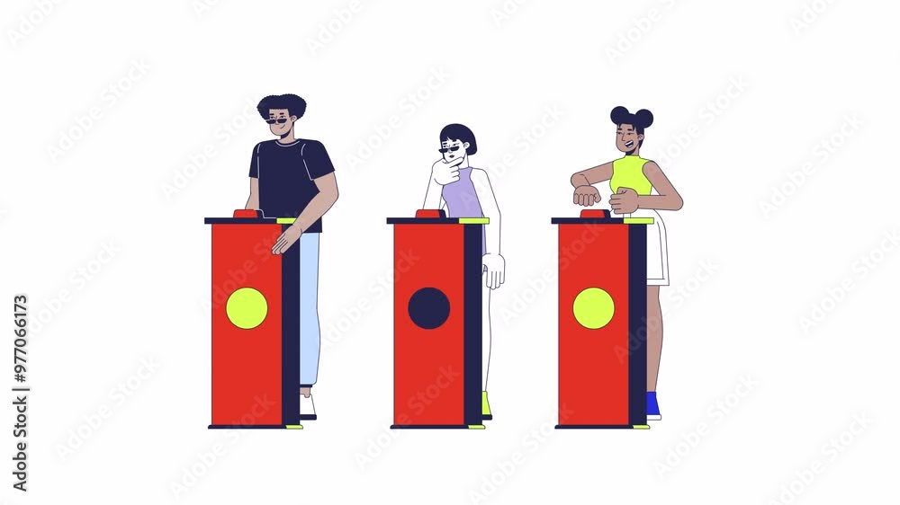 Quiz show participants standing behind buzzer podiums 2D characters ...
