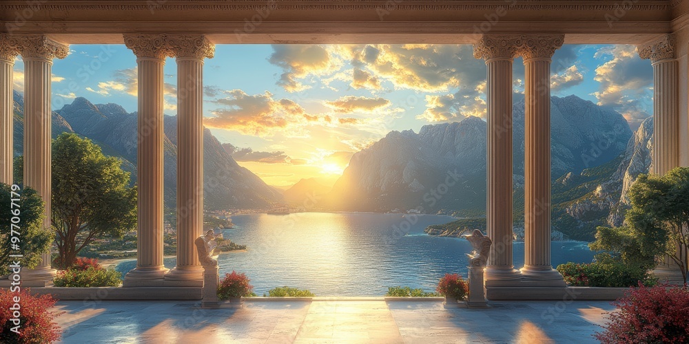 an ancient Greek temple at sunset, showcasing its classical ...