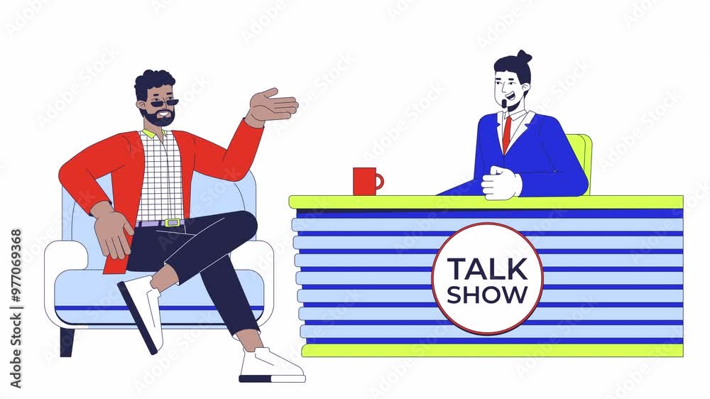 Talk show host interviewing celebrity 2D characters animation. TV ...