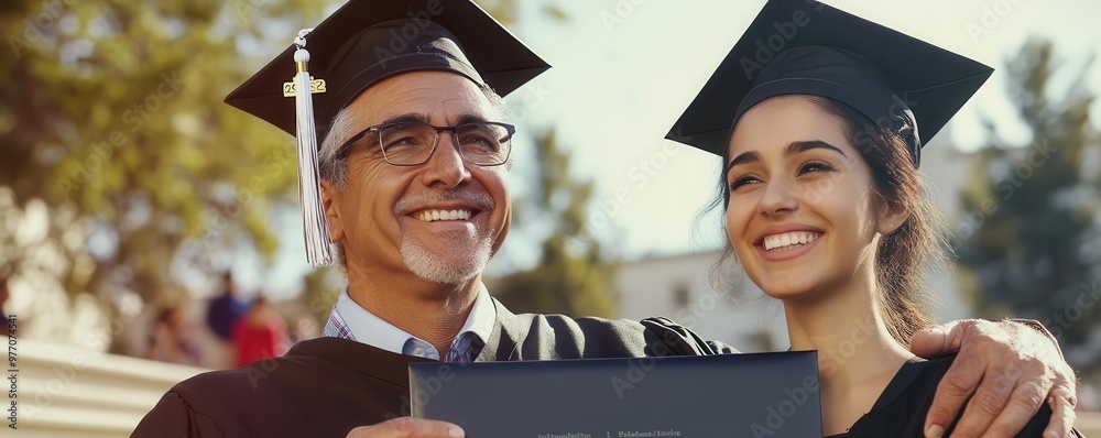 A proud father and smiling graduate holding the diploma together ...