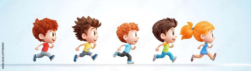 Group of 3D cartoon characters racing together, some falling behind but ...