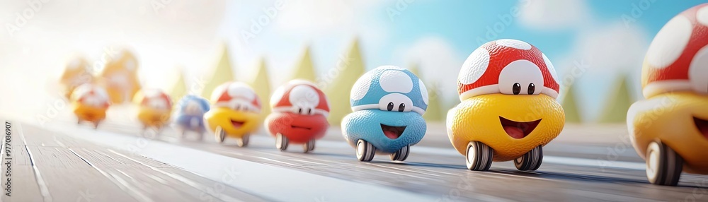 Group of 3D cartoon characters racing together, some falling behind but ...