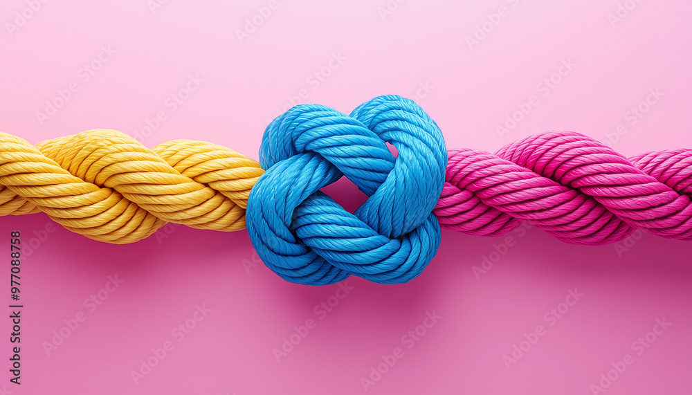 ropes of different colors tied into a knot, pink background, concept of ...