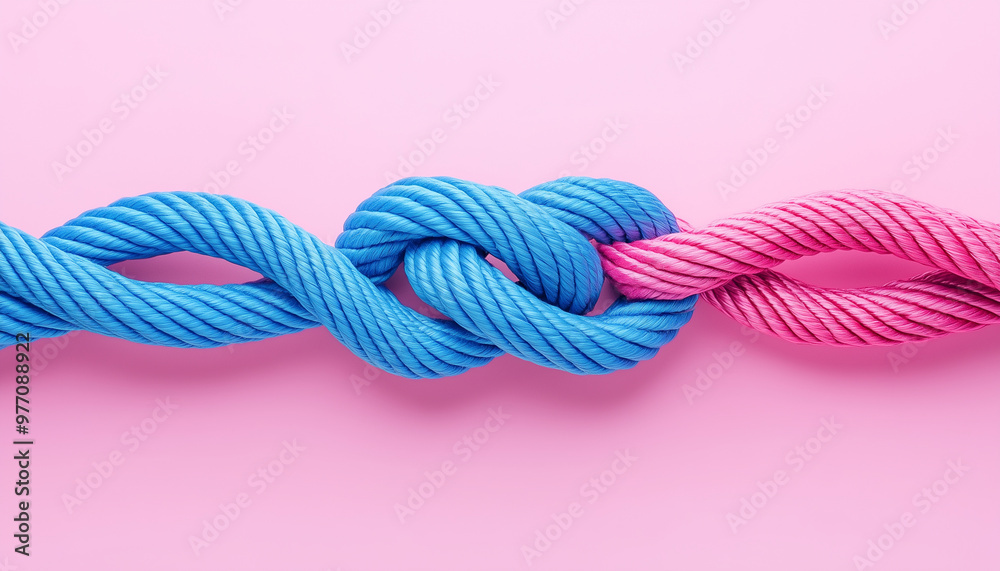 ropes of different colors tied into a knot, pink background, concept of ...