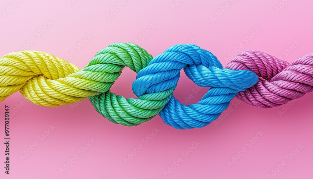 ropes of different colors tied into a knot, pink background, concept of ...