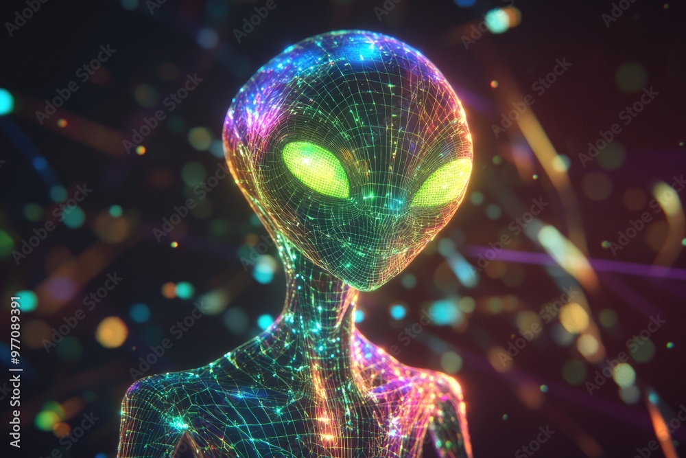 Bright mesh icon of a joyful alien figure with light spot effects ...