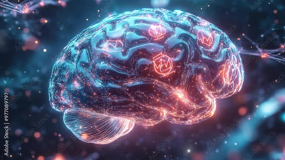 Human brain with neural connections. Human brain hologram. Brain anatomy. Human brain animation ...