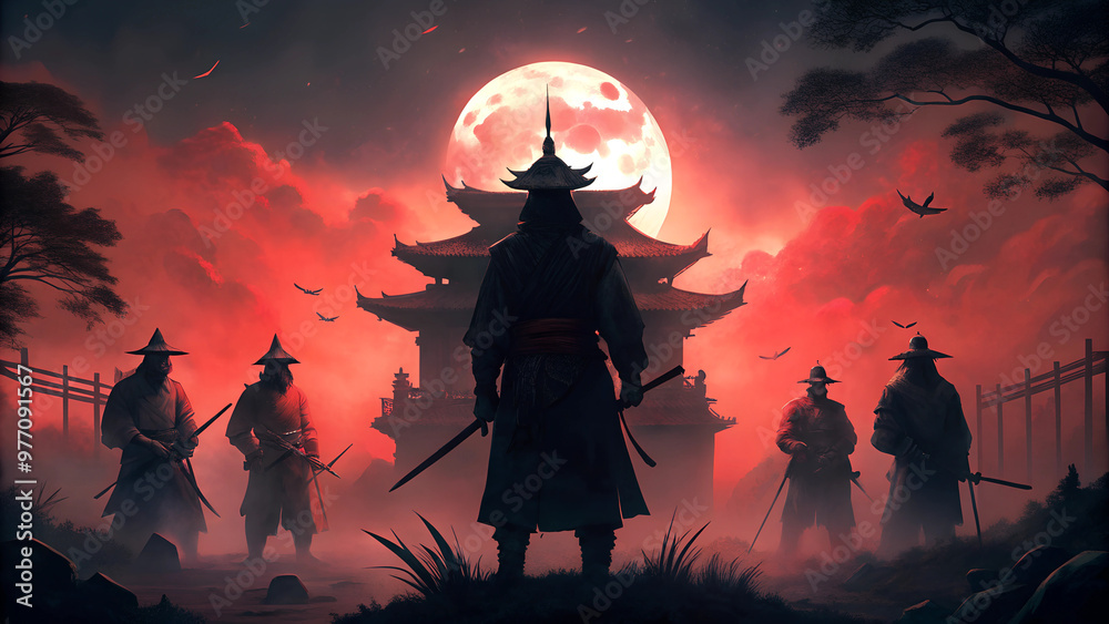 Mystical samurai warriors standing in front of an ancient temple under ...