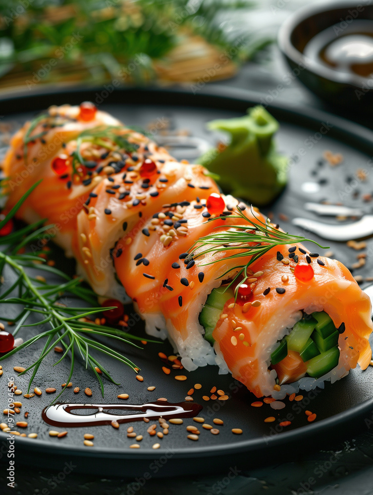 Alaska Roll sushi, Japanese salmon avocado cucumber, dark background ...