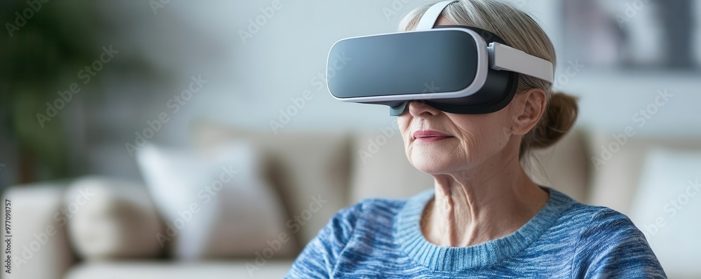 An elderly woman engages with virtual reality, showcasing technology's ...